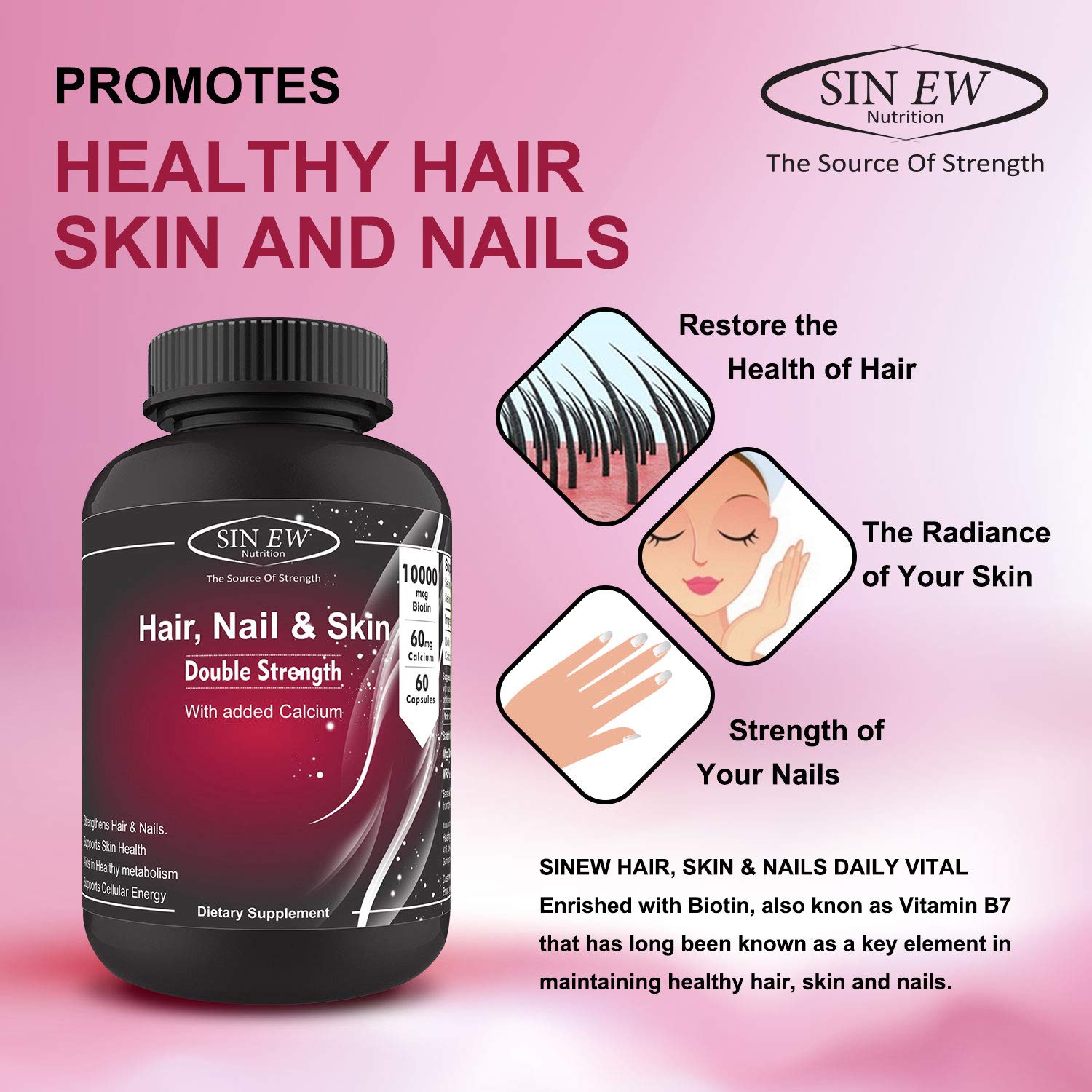 Buy Sinew Nutrition Hair Skin and Nails 10000mcg - 60 Capsules Online ...